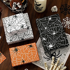 JarThenaAMCS 12 Sheets Halloween Wrapping Paper -Not Roll- Spider Web Gift Wrap Paper Orange White Black Folded Flat DIY Art Craft Paper for Party Packaging, 19.7 x 27.6 Inch