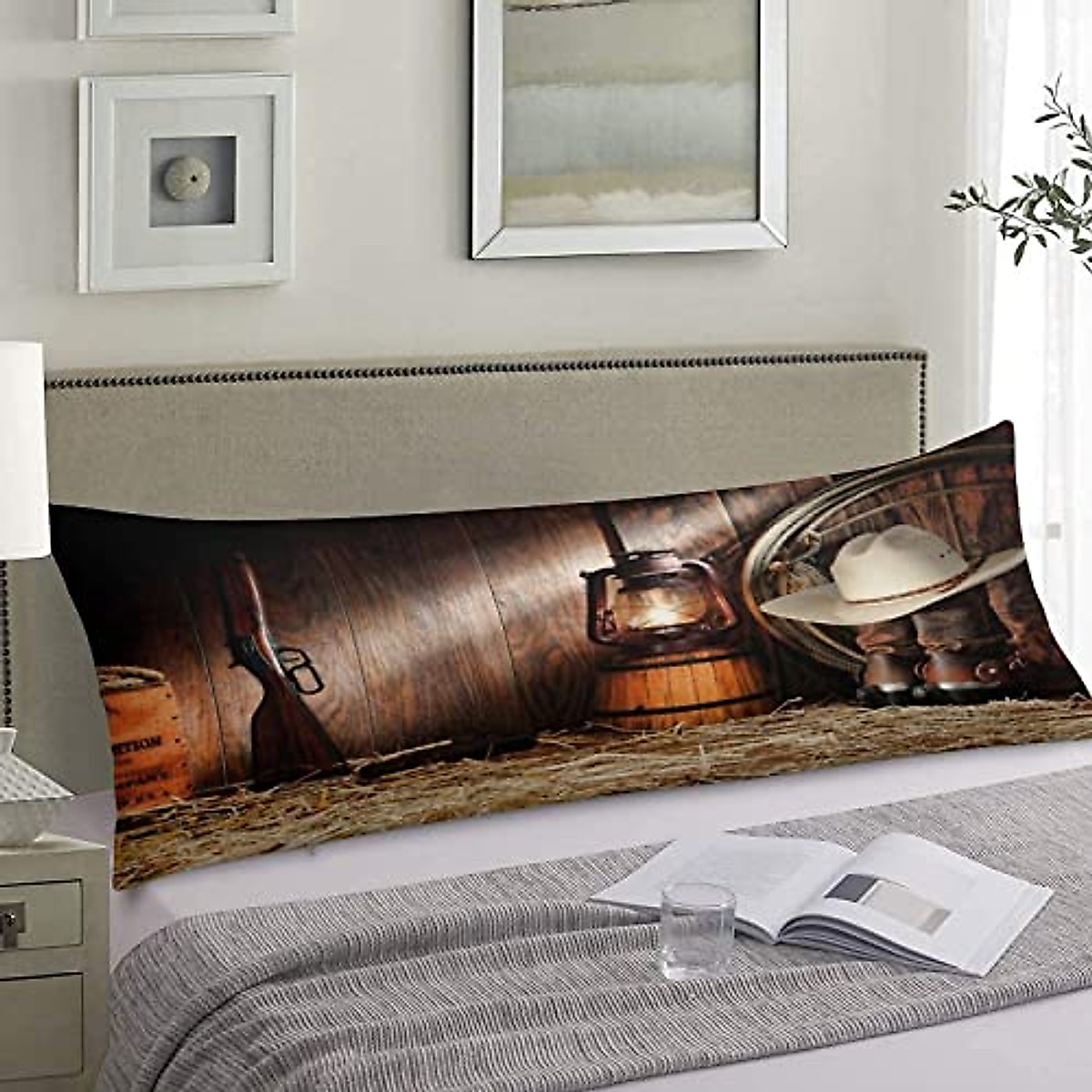 Body Pillow Cover,Western Theme Rodeo Cowboy Boots Hat Gun Lantern Printed Long Pillow Cases Protector with Zipper Decor Soft Large Covers Cushion for Beding,Couch,Sofa,Home Gift 20"x54"