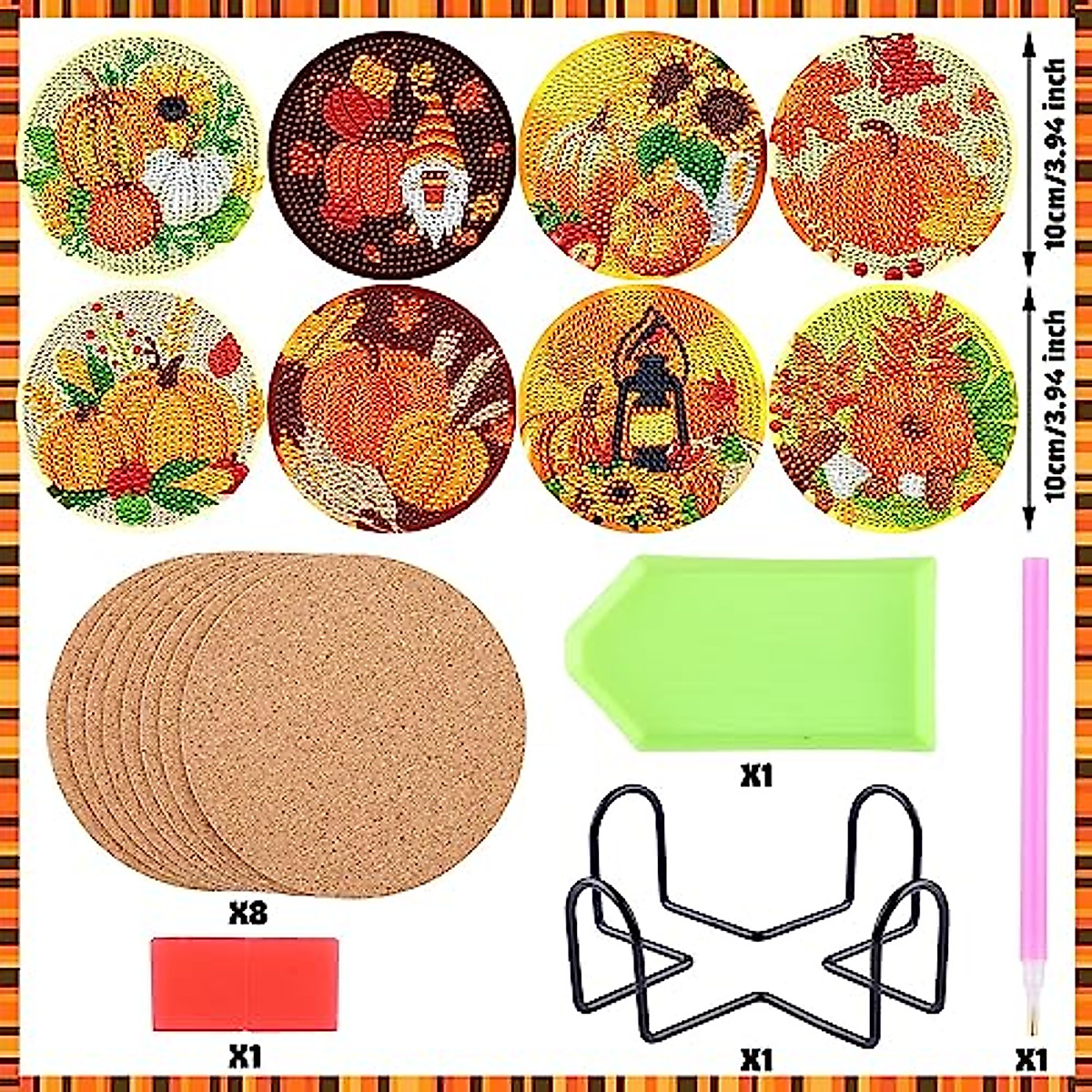 8 PCS Fall Diamond Painting Coasters Pumpkin Diamond Art Coasters 5D Full Drill Diamond Coasters Kit Thanksgiving Drink Cup Coaster Round with Cork Base Holder for Autumn Harvest Party Supplies