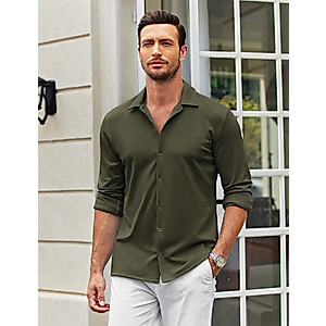 COOFANDY Men Long Sleeve Button Up Shirts Summer Lightweight Slim Fit Dress Shirts Army Green