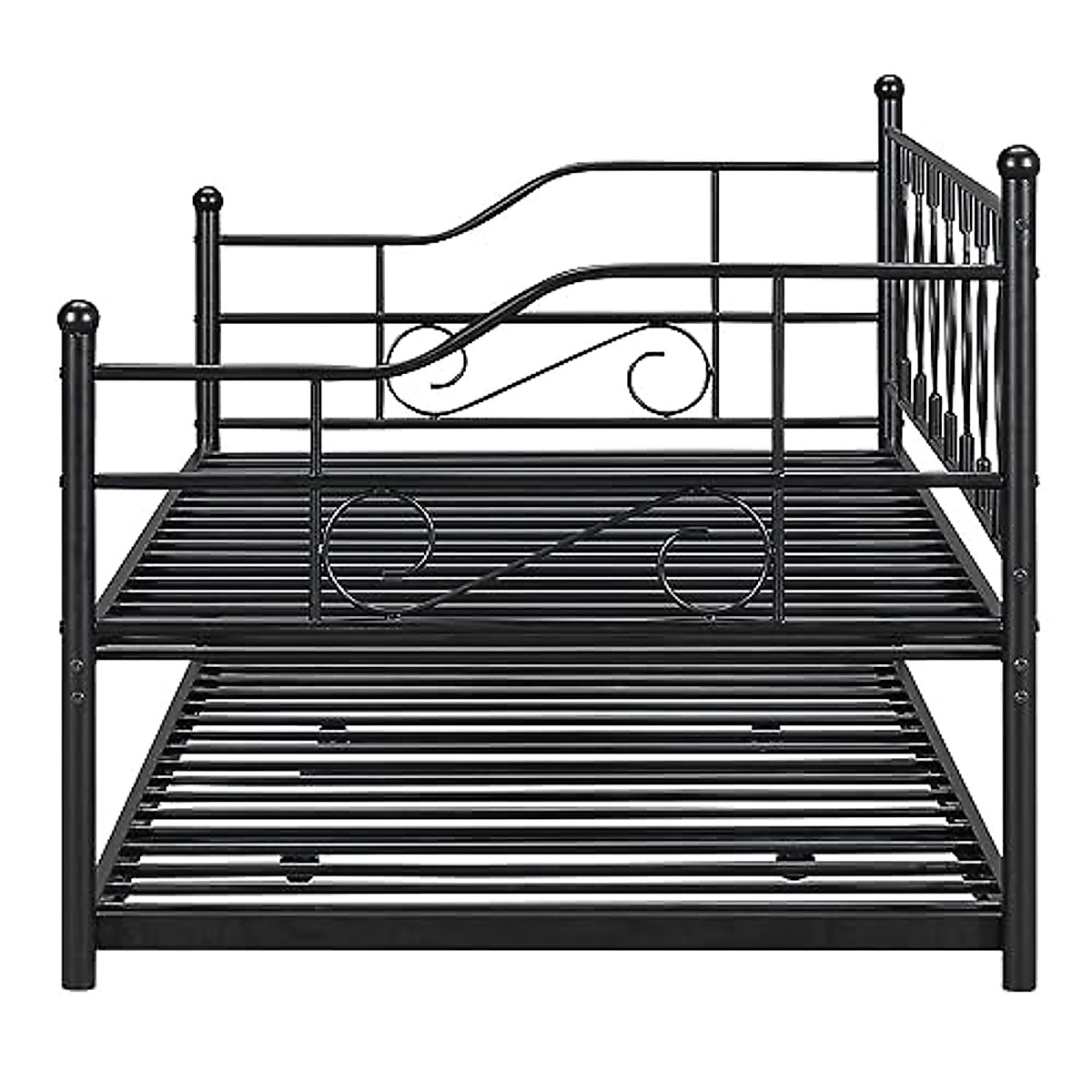 RORIGAT Twin Daybed with Trundle, Metal Day Bed with Adjustable Trundle, Twin to King Daybed with Portable Folding Trundle for Kids Teens Adults, Heavy Duty Steel Slat Support, Black