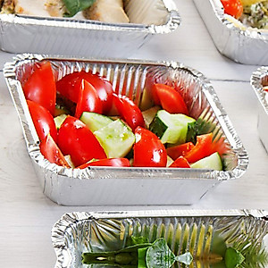 Tiger Chef Oblong Aluminum Tin Foil 1 Pound Pans Dimensions: 5.56" X 4.56" X 1.63" With Clear Dome Lids Measures: 5.5" X 4.5" X 1" Disposable Freezer to Oven Safe for Takeout Storing - 10 Pack