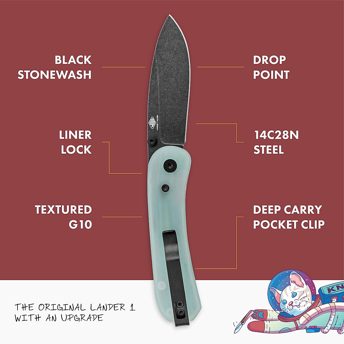 Knafs - Lander 1 EDC Folding Pocket Knife - Contoured Natural G10 Handles - Black Titanium Coated 14C28N Blade Steel