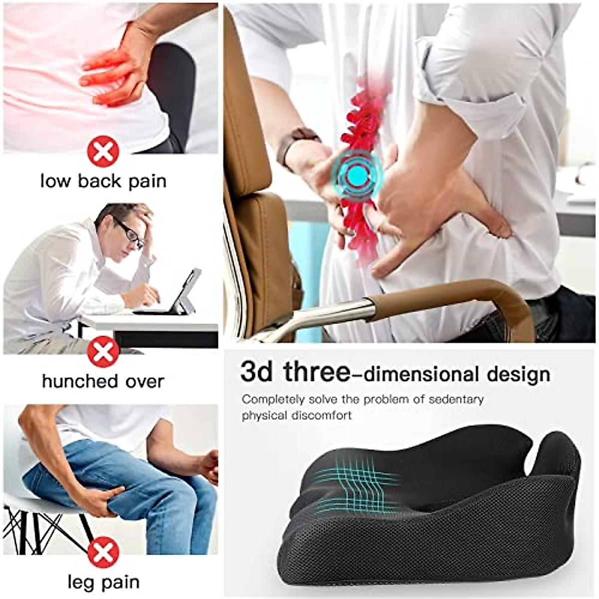 Benazcap X Large Memory Seat Cushion for Office Chair Pressure Relief Sciatica & Tailbone Pain Relief Memory Foam Firm Coccyx Pad for Long Sitting, for Office Chair, Gaming Chair and Car Seat Upgrade