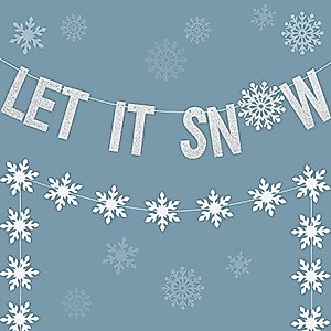 2 Pieces Let It Snow Banner, Glitter Winter Snowflake Banner and White Snowflake Hanging Garland Flag for Holiday Wall Decoration Christmas Party Supply