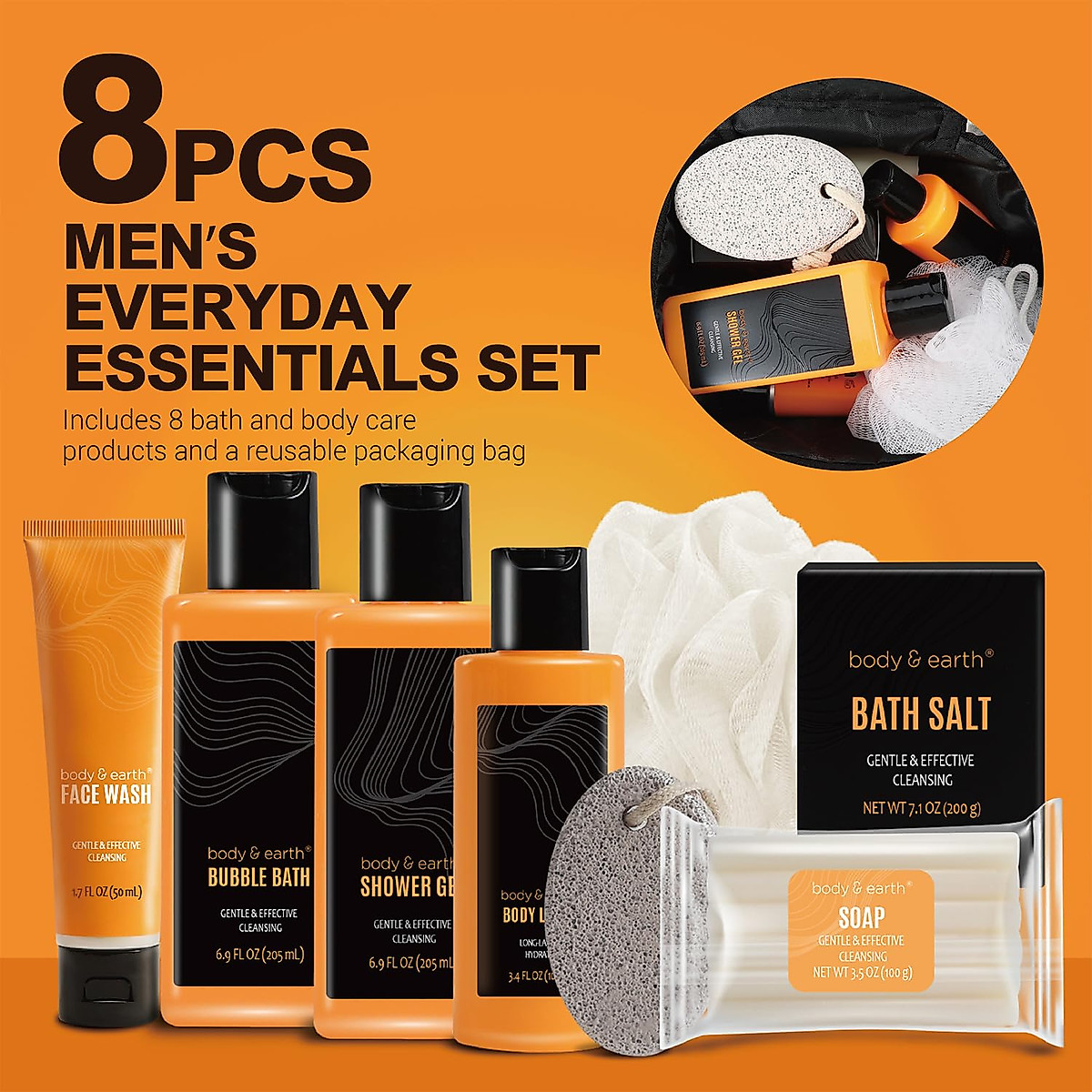 Gift Baskets for Men Bath and Body Gift Set Body & Earth Citrus Scented Mens Bath Set with Body Lotion, Shower Gel, Bubble Bath, Loofah & More, Birthday Gifts for Men