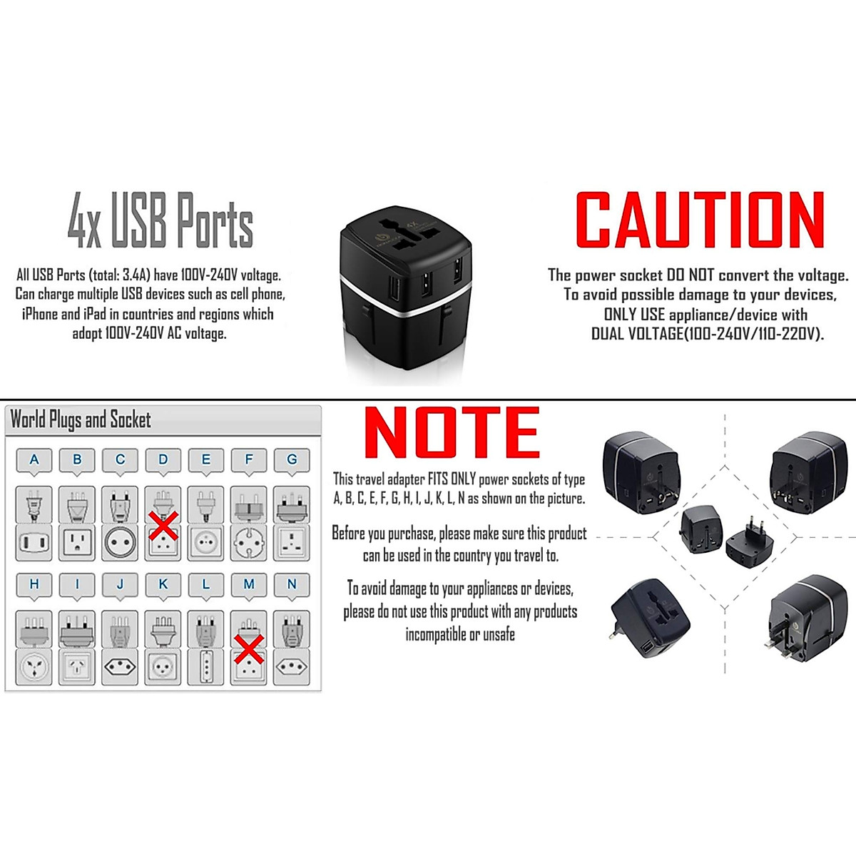 Bonazza Universal International Travel Adapter Kit with 4Amps 4 USB Ports - UK, US, AU, Europe All In One Plug Adapter - Over 150 Countries & USB Power Adapter for iPhone, Android, All USB Devices (FC-4U)