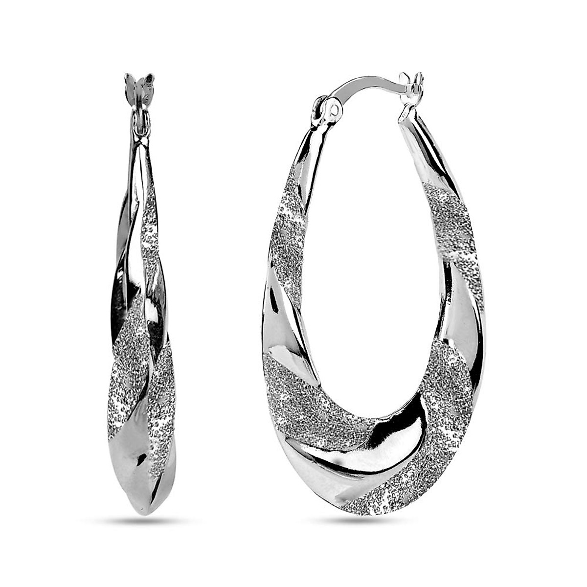 LeCalla Sterling Silver Hoop Earrings High Polish Matte-Finish Textured Shrimp Classic Oval Hoops Earring for Women - 38MM