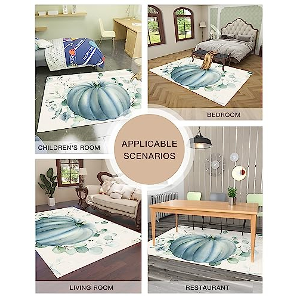 Rustic Blue Pumpkin Large Rectangular Area Rugs 5' x 8' Living Room, Durable Non Slip Rug Carpet Floor Mat for Bedroom Bedside Outdoor Thanksgiving Fall Green Eucalyptus Leaves