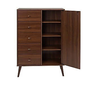 Prepac Milo Mid-Century 5 Drawer Combo Chest with Door, 16" D x 34.5" W x 49" H, Cherry
