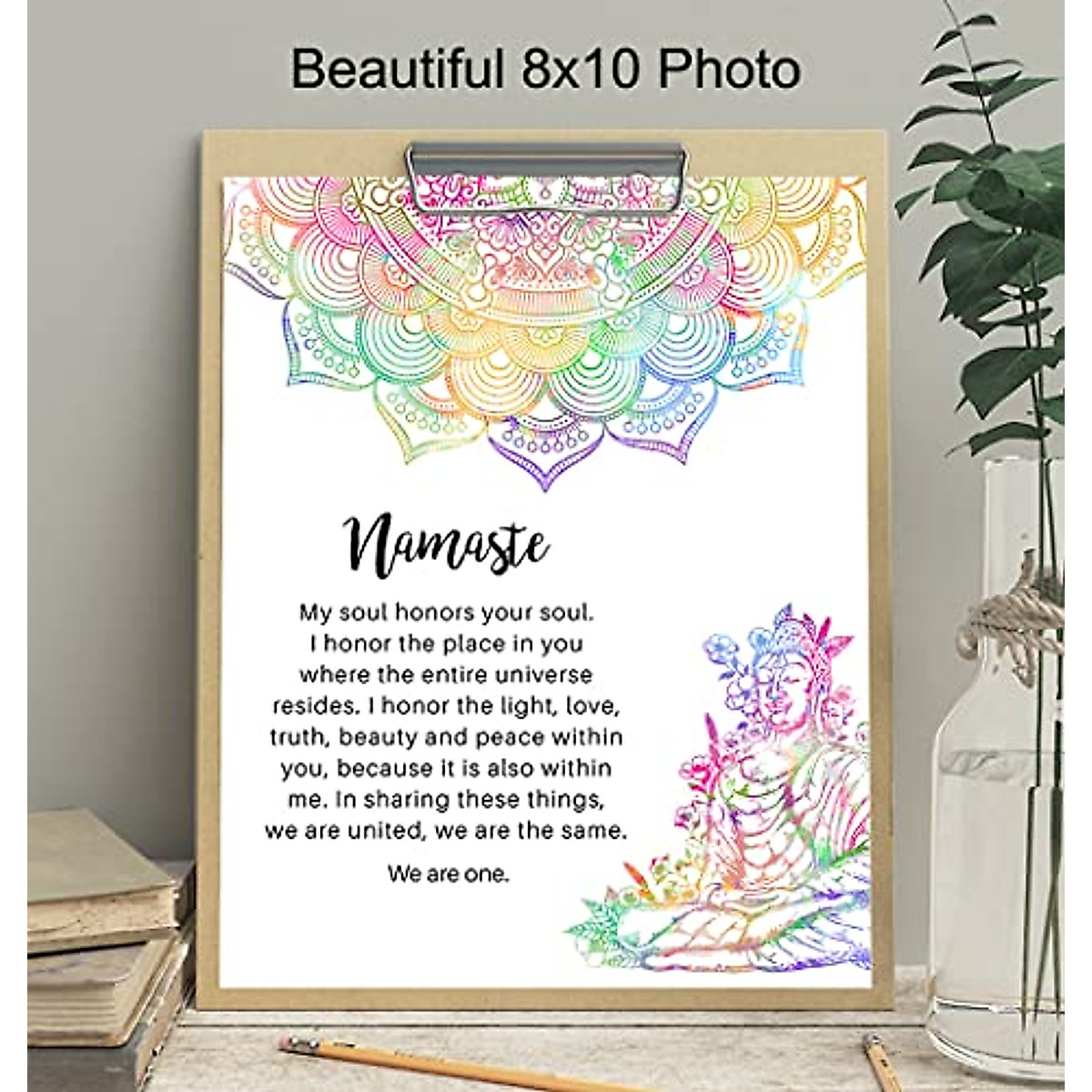 Buddhist Buddhism Art - Zen Namaste Wall Decor - 8x10 Poster Print for Yoga Room, Spa Decoration - Spiritual New Age Meditation Gift for Women - Buddha Statue, Mandala, Lotus Flower - Unframed