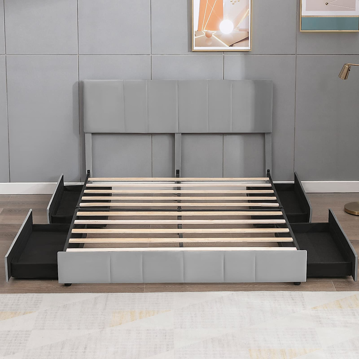 ZAFLY Platform California King Size Bed Frame with Adjustable Headboard,Upholstered Cal King Bed Frame with 4 Storage Drawers,Wooden Slats Support,No Box Spring Needed,Easy Assembly (Light Grey)