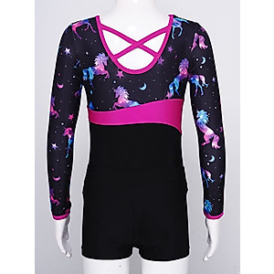 YONGHS Kids Girls Long Sleeve Ballet Dance Leotard with Workout Shorts Gymnastics Unitard Dancewear Night Pegasus 6 Years