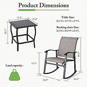 Shintenchi 3 Piece Rocking Bistro Set, Outdoor Furniture with Rocker Chairs and Glass Coffee Table Set of 3, Balcony, Porch Furniture for Small Space, Gray
