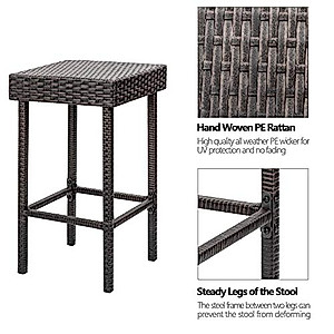 Flamaker Brown Wicker Barstool Outdoor Patio Furniture Bar Stools Set of 2 Height Bar Chairs High Backless Stools Rattan Dining Chairs