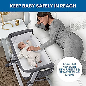 Delta Children Simmons Kids Dream Bedside Bassinet with Zip-Down Side Wall – Convenient Baby Sleeper with Breathable Mesh and Adjustable Heights - Lightweight Portable Crib, Grey