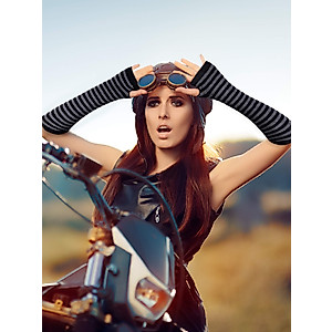 4 Pairs Women Knit Arm Warmers Long Fingerless Gloves Knitted Elbow Length Gloves Thumb Hole Gloves Winter (Black White, Black Grey, Black Blue, Black Coffee)