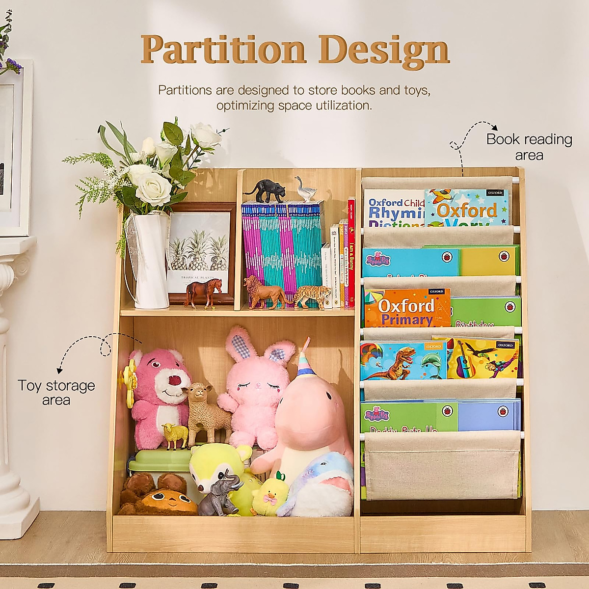 LEZASTAR Kids Bookshelf and Toy Storage, Kids Wooden Bookshelf with Layer Sling Bookcase, Sling Book Shelf and Toy Storage for for Playroom, Kids Room, Classroom, Nursery (Natural)