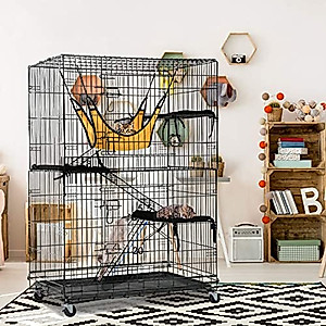 48'' Large Cat Cage with Wheels, Collapsible Large 3-Tier Metal Cat Enclosure Perching Shelves Cat Crate Cat Kennel Ferret Chinchilla Cage with Cat Hammock/3 Cat Bed/3 Ramp Ladder/Cat Litter Pan