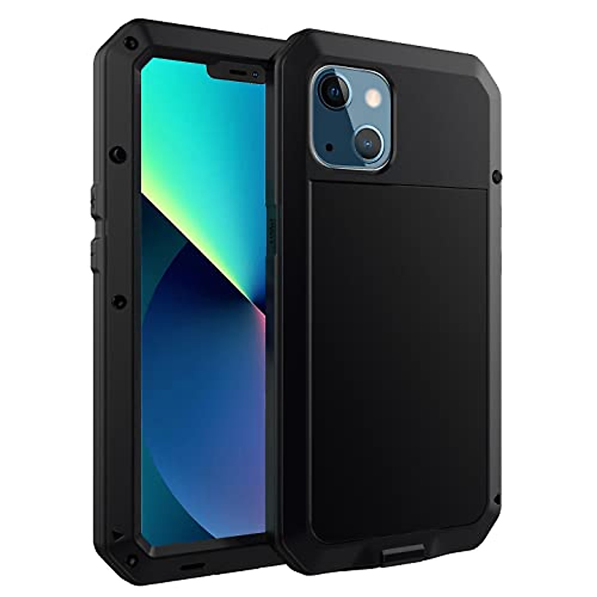 LUSTAM Heavy Duty Rugged Full Body Shockproof Dustproof Military Aluminum Silicone Bumper Protective Hard Case with Built in Screen Protector, Port Protector for iPhone 13 Mini 5.4 inch, Black