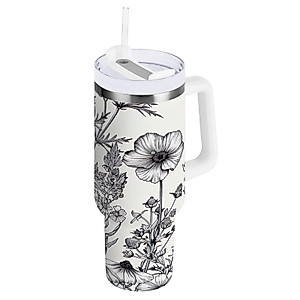 KEEPREAL 40 oz Black and White Flowers Tumbler with Handle, Insulated Sports Water Bottle with Lid and Straw, Thermal Stainless Steel Travel Coffee Mug Cup #230