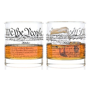 Well Told Authentic U.S. Constitution Whiskey Glass Set (11 oz, Set of 2) We The People Whiskey Glass Set, American Patriotic Old Fashioned Cocktail Glasses