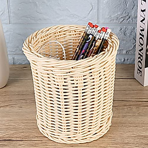 Zerodeko Woven Storage Baskets Round Rattan Waste Basket Woven Trash Can Paper Waste Basket Straw Wicker Sundries Storage Basket Garbage Container Bin for Bathroom Kitchen Beige Woven Baskets