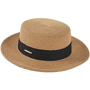 Women Beach Straw Sun Hat - Summer Classic Boater Sun Hat Panama Short Brim Fedora for Party Travel(S/M) Khaki