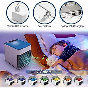 Portable Air Conditioner Fan, Spray humidification, 3 in 1 Air Cooler | Humidifier | Purifier,with 3 Speeds 7 Colors LED Light for Home Office Bedroom