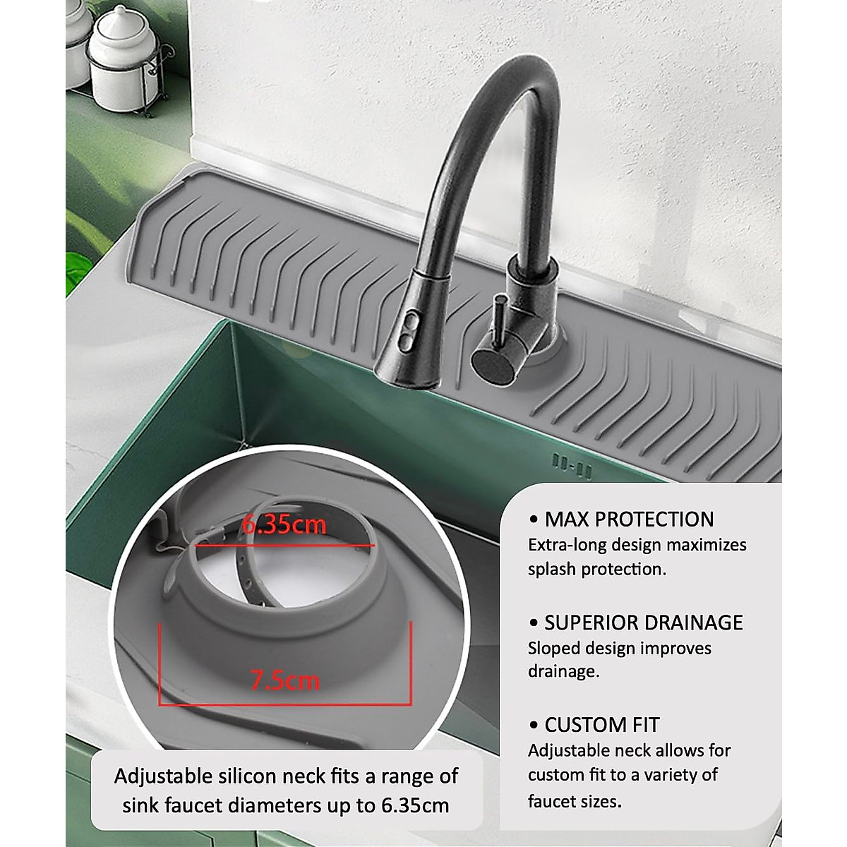 30 inch XXL long sink splash guard, sloped for water runoff, heavy duty adjustable fit splash guard, kitchen sink mat, faucet handle drip catcher, water counter protector, faucet draining mat