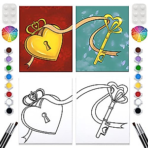 2 Pack Paint and Sip Canvas Painting Kit Pre Drawn Canvas for Painting for adults Stretched Canvas Couples Games Date Night Lock Key Paint Party Supplies Favor (8x10)