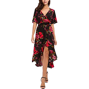 Kormei Womens Short Sleeve Floral High Low V-Neck Flowy Party Long Maxi Dress M Black&Red