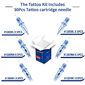 Rotary Tattoo Pen Kit for Beginners with 30Pcs Cartridges Needles and 10 Color Inks Power Supply Black Pro