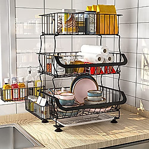 Fruit Vegetable Basket, 1Easylife 3 Tier Stackable Metal Wire Basket Cart with Rolling Wheels, Utility Rack for Kitchen, Pantry, Garage, With 2 Free Baskets (3 tier)
