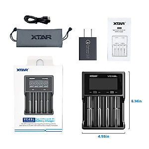 XTAR VC4SL Battery Charger,Included QC3.0 Adapter Charge Liion and Ni-MH Battery at a time 3A Fast Charger, 4 Bay Rechargeable Battery Charger 1.2V Ni-MH Package Not Included Any Battery