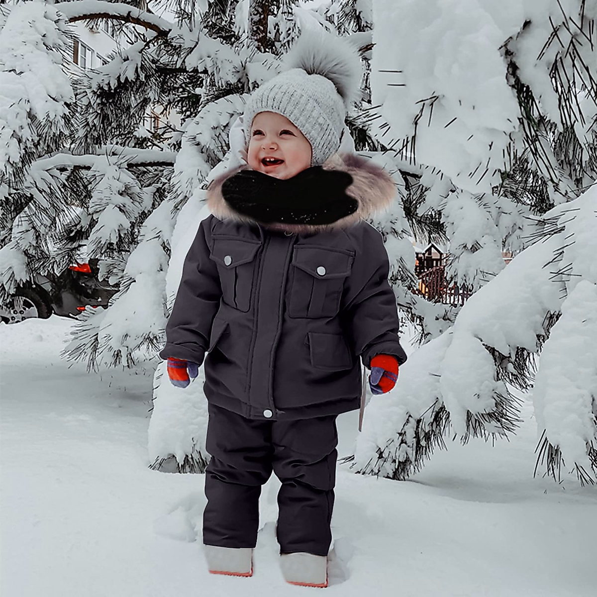 12 M -4 Years Toddler Kids Girls Boys Two Piece Snowsuit Ski Pants Set Winter Hooded Down Coat Jumpsuit Skiing Jacket (Black, 2-3 Years)