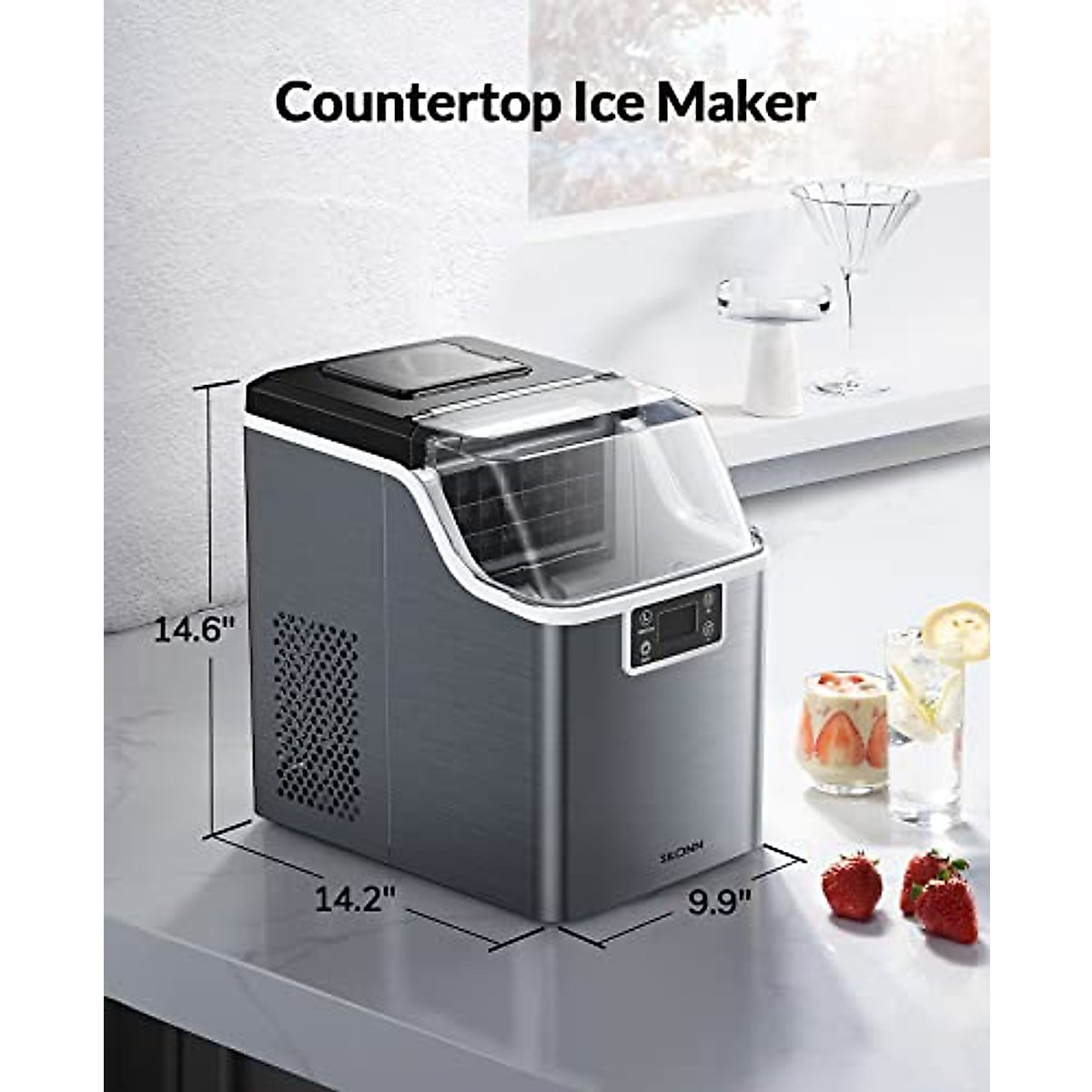 Silonn Countertop Ice Cube Ice Makers, 45lbs Per Day, Auto Self-Cleaning, 24 Pcs Ice Cubes in 13 Min, 2 Ways to Add Water, Compact Ice Machine for Home Office Bar Party,SLIM01B-1