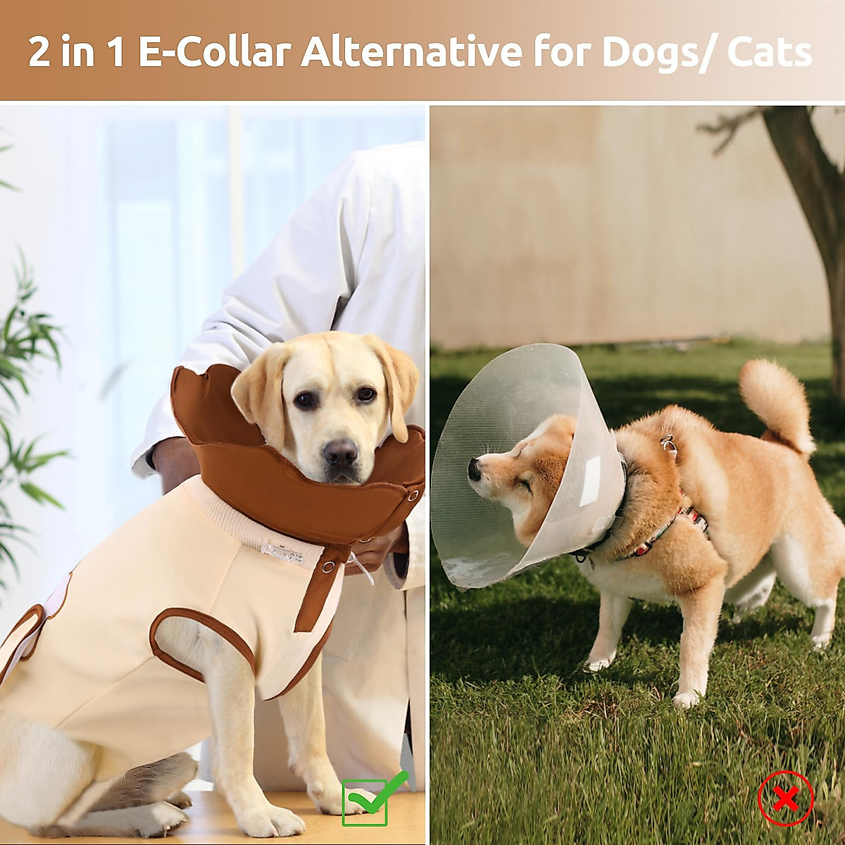 SAWMONG Dog Surgery Recovery Suit with Foldable Cone, Stretch & Cotton Dog Spay Surgical Suit for Female Dogs, After Surgery Dog Onesie with Adjustable Rear Flap, Medium