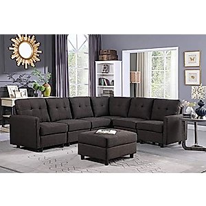7 Pieces Modular Sectional Sofa, Indoor Convertible Furniture Fabric Upholstered Couch with Ottoman for Living Room