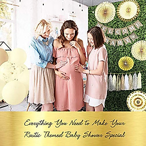 YARA Baby Shower Decorations Neutral | Woodland Rustic Boho Theme Oh Baby Decoration for Girl & Boy, Gender Reveal & Birthdays | Burlap Welcome Baby Banner, Gold & Cream Decor Paper Fans & Tassels