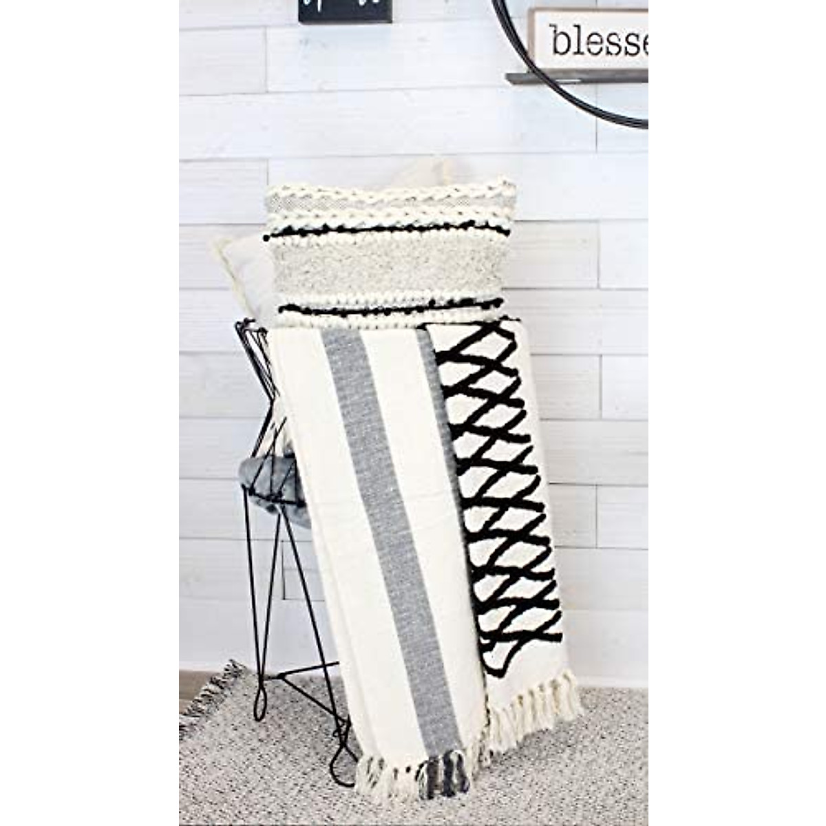 AuldHome Design Boho Farmhouse Throw, Black and Off White 50 x 60 Inch Striped Blanket