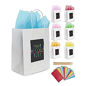 PURPLE LADYBUG 7 White Gift Bags with Handles & Scratch Panel for Messages - Unique Easter Gift Bags Medium Size, Wedding Gift Bag with Tissue Paper, Party Gift Bags, & Small Gift Bags Bulk