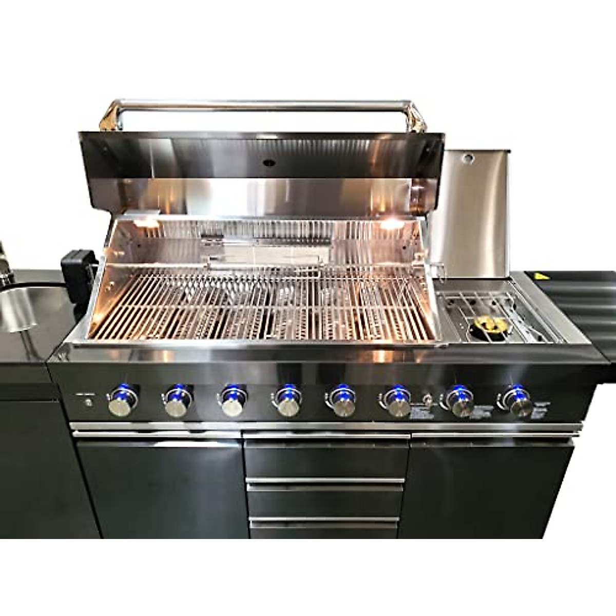 MCP Island Grills Black Stainless Steel 6 Burner 2 Modular Piece Marble Top BBQ Outdoor Electric Propane Grill Kitchen with Refrigerator, Sink, Side Burner, LED Lights on Knobs, & Protective Cover