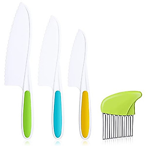4 Pcs Kids Knife Toddler Safe Cutter Serrated Edges Set for Kitchen Cooking Plastic Children's Cooking Friendly Knife and Crinkle Cutter for Fruit Cake Food Vegetable (Green, Blue, Yellow)