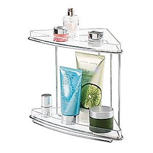mDesign Steel/Plastic Freestanding Countertop Corner Shelf Organizer with 2-Tier Storage for Bathroom, Vanity, Cabinet, Counter - Holds Makeup, Bath Gel - Prism Collection - Clear