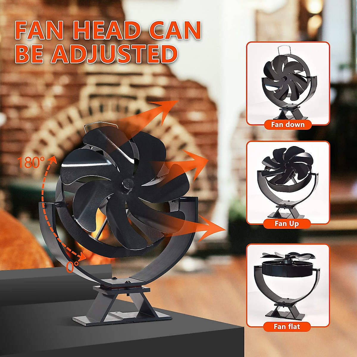 Holldoor Wood Stove Fan, Heat Powered with 3 Speeds, Black, Modern Style, Silent, Floor Mount, Metal, Painted or Powder Coated Finish, Includes Remote, Ideal for Wood Stoves, Air Circulation