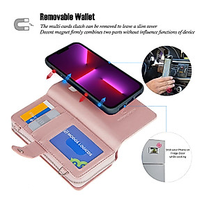 MODOS LOGICOS Crossbody Bag for iPhone 13 6.1" [Shoulder Wrist Straps] [Zipper Storage] [11 RFID Card Slots 3 ID Window] PU Leather Purse with Removable Inner Magnetic TPU Case - Rose Gold