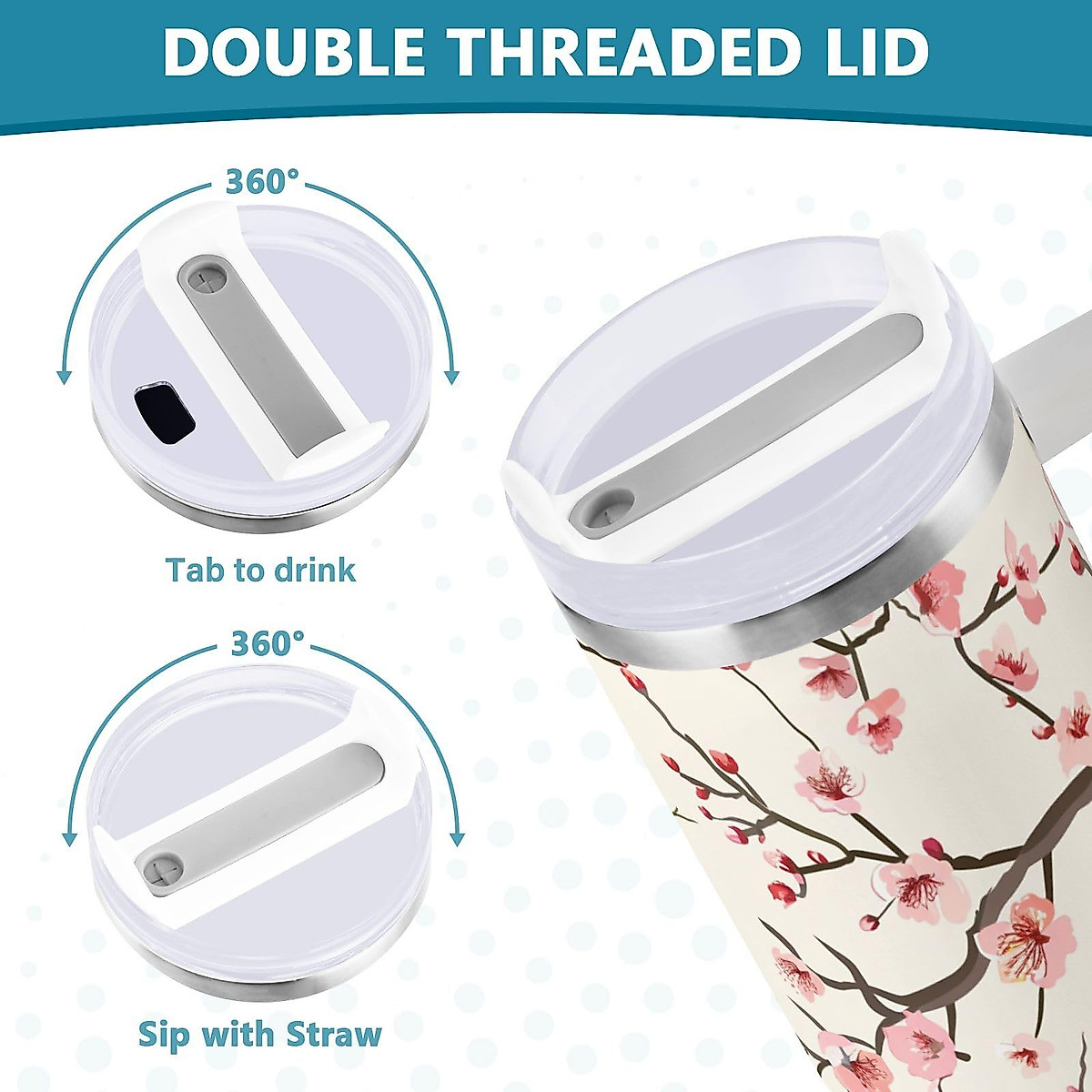 ALAZA Cherry Blossom Sakura Flower Floral 40 oz Tumbler Stainless Steel Water Bottle Vacuum Insulated Cup with Straw Lid & Handle For Travel Car Cup Holder