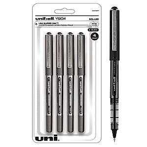 uni-ball Vision Rollerball Pens Fine Point Micro Tip, 0.5mm, Black, 4 Pack