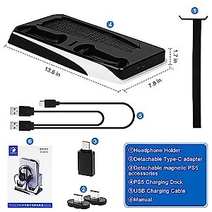 PS5 Cooling Station with RGB LED for Playstation 5 Console, Grathia Dual Fast PS5 Controller Charging Station with Cooling Fan, PS5 Controller Charging Doking Station with 12 Games & Headset Holder